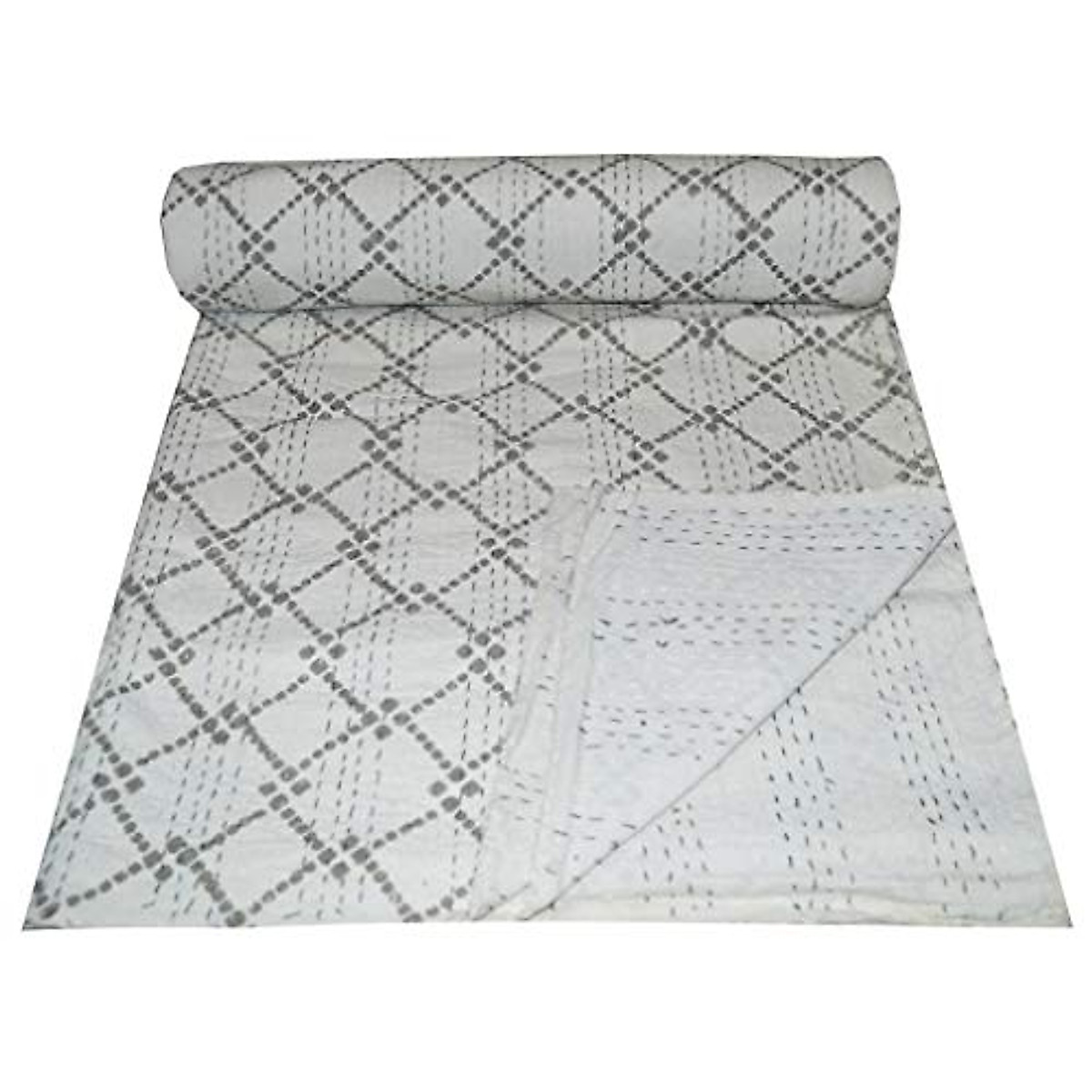 MAVISS HOMES Beautiful Indian Hand Block Printed Queen Kantha Quilt | Pure Cotton Vintage Kantha Quilt | Throw Blanket; Grey