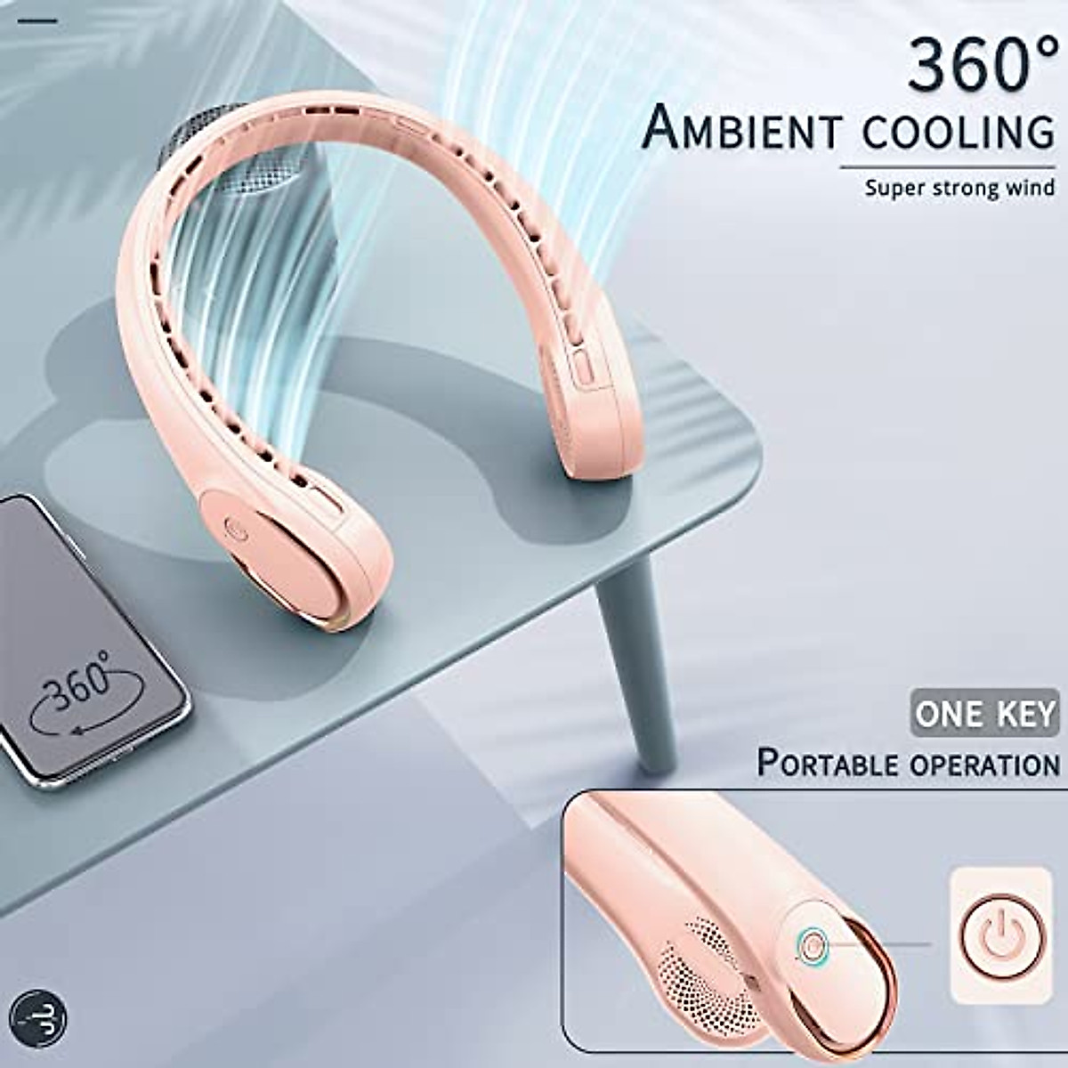 ASNUG Portable Neck Fan, Neck Fans for Women, 4000 mAh Rechargeable Personal Fan,360° Hands Free Bladeless Fan, 3 Speeds Adjustable, Faster Cooling, Super Quiet, Suitable for Home, Office, Travel