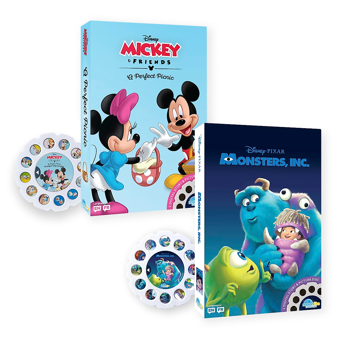 Moonlite Storytime Storybook Reels, 2 Story Set, Mickey and Friends A Perfect Picnic and Monsters Inc, Digital Stories for Projector, Toddler Early Learning Gifts for Kids Ages 12 Months and Up