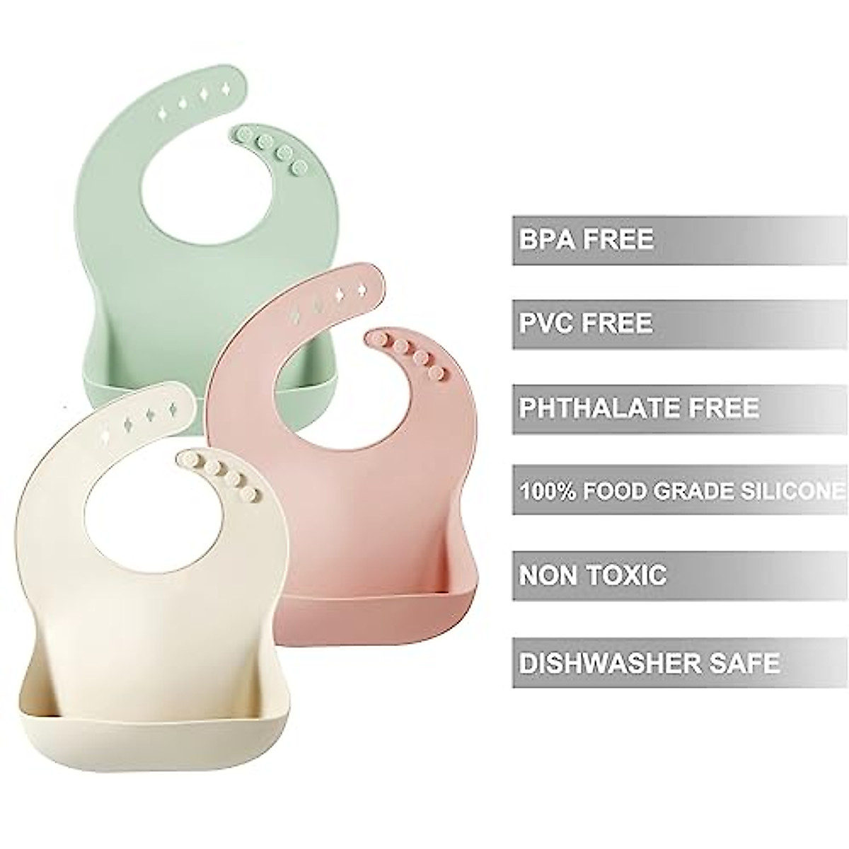 PandaEar Silicone Baby Bibs Set of 3 for Babies & Toddlers, BPA Free Waterproof Adjustable Feeding Bib with Large Pocket Food Catcher