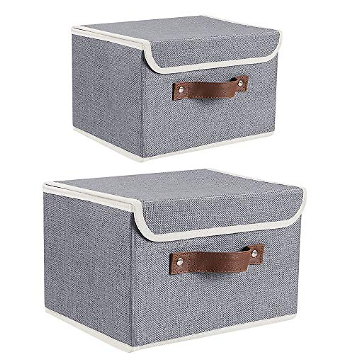 Lucky Monet 2 Pack Linen Fabric Foldable Storage Bin Set Collapsible Storage Box Cube Closet Organizer with Lid & Faux Leather Handle, 10”x8”x7” (Grey)