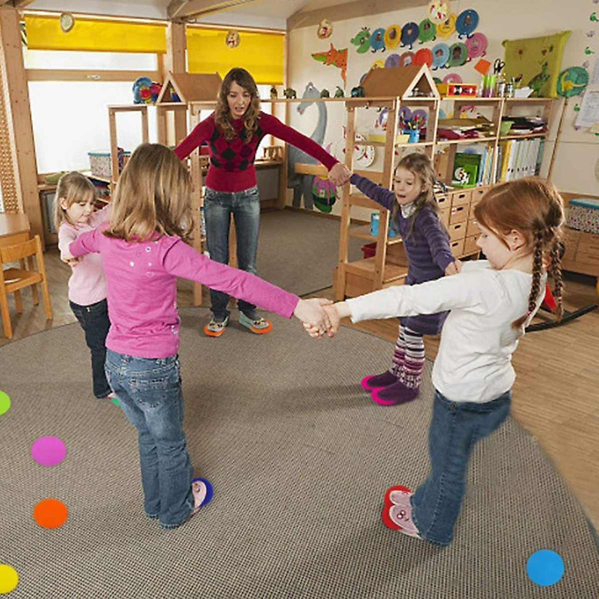 30 Pieces Carpet Markers Floor Dots, 4 Inch Carpet Spots Circles Dots for Colorful Carpet Circles Floor Dots, Carpet Markers with Hook and Loop Adhesion, for Kids and Teachers(6 Colors)