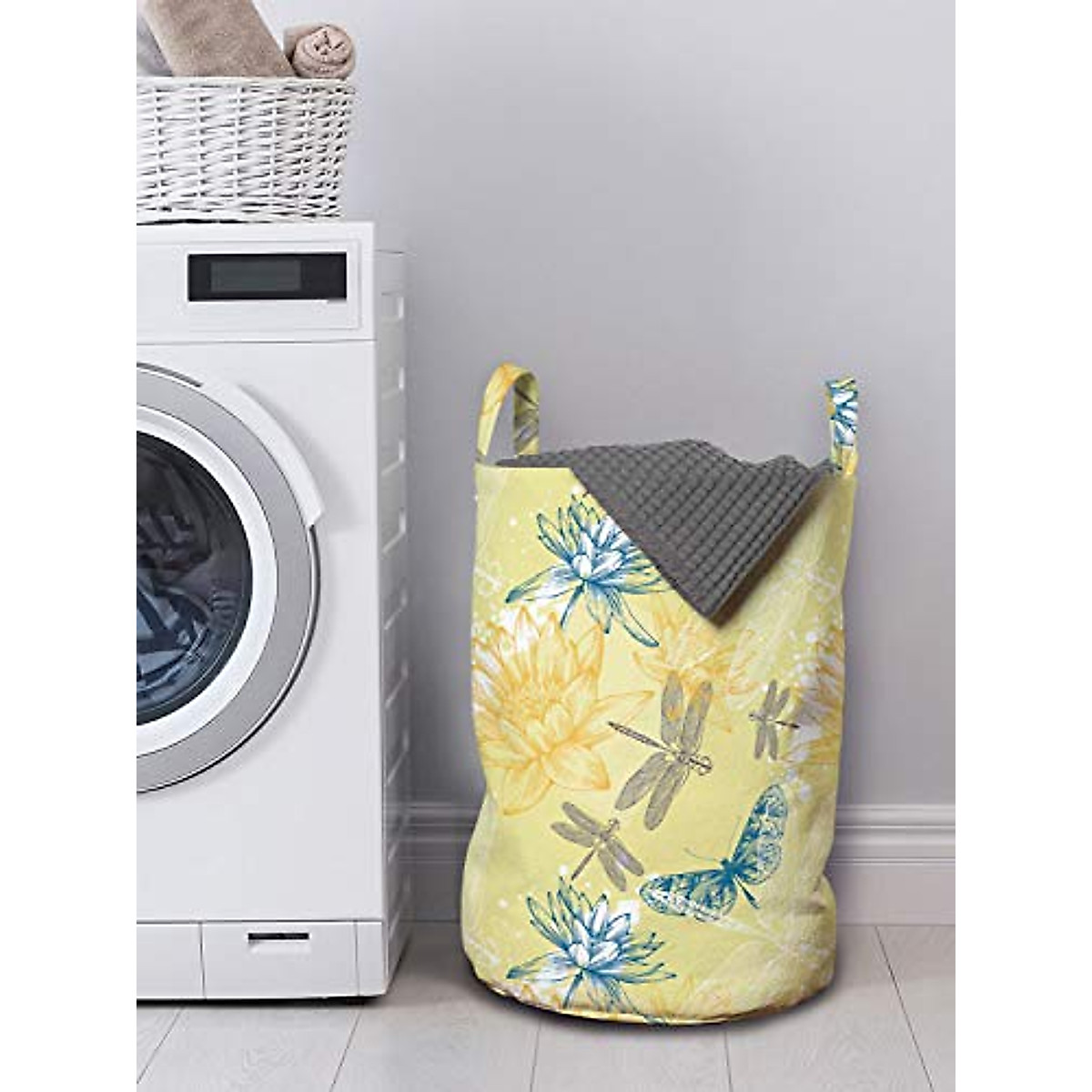 Lunarable Dragonfly Laundry Bag, Boho Style Plants and Dragonflies Sketchy Illustration, Hamper Basket with Handles Drawstring Closure for Laundromats, 13" x 19", Petrol Blue Yellow
