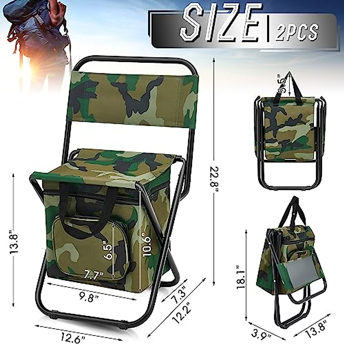 Jerify 2 Pcs Foldable Fishing Chair with Cooler Bag Portable Backrest Fishing Stool Lightweight Outdoor Folding Chair for Fishing Hunting Beach Camping Seat (Camo Color)