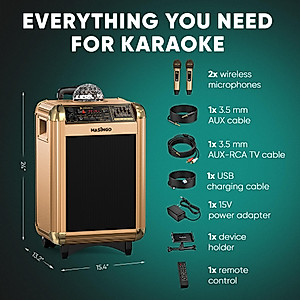 MASINGO Karaoke Machine for Adults and Kids with 2 Bluetooth Wireless Microphones. Portable Singing PA Speaker System with Disco Ball Party Lights, Lyrics Display Tablet Holder & TV Cable. Soprano X1