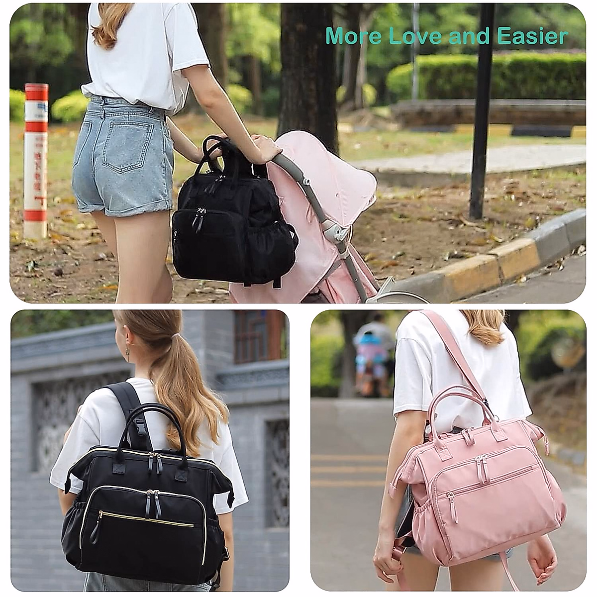 LORADI Convertible Diaper Bag Tote, Wide Open Top 14 Pockets Nappy Backpack with Stroller Clips, Water-resistant (Nylon, Black)