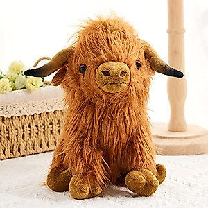 BULINGNA Highland Cow Stuffed Animals, Realistic Fluffy Scottish Cow Plush Toy Doll Gift for Adults Kids (Brown B)