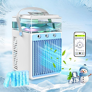 Portable Air Conditioner Fan, Rechargeable 4-IN-1 Personal Mini Cooler Humidifier, 3-Speed Evaporative Air Cooler with 7 Color Lights, Cordless AC Desktop Spray Fan, Quiet Desktop Cooling Fan