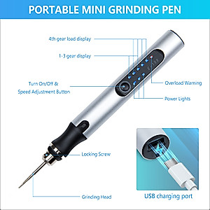 NICEWIN Engraving Pen with 36 Bits, USB Rechargable Mini Electric Engraver Etching Machines Cordless Rotary Tools Engraved Jewelry Glass Stone Metal Plastic Wood Resin, Silver