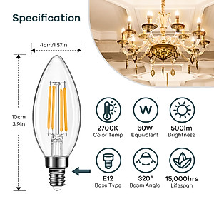 Linkind E12 Candelabra LED Light Bulbs 60W Equivalent, B11 Dimmable Chandelier Light Bulbs, 4.5W Clear Glass Vintage Edison Filament Candle Bulbs, Soft White 2700K 500lm, Ceiling Fan Bulb, 6 Packs
