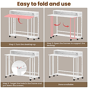 Gezen Folding Desk with Double Storage Shelves, Small Rolling Desk with Wheels for Living Room Bedroom, Mobile Computer Desk Portable Laptop PC Desk Writing Table for Small Space, 31.5", White Marble