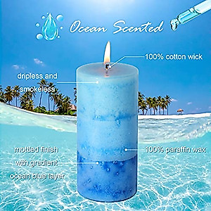 Petristrike Ocean Scented Pillar Candles,60+ Hrs Long Burning Candles, Set of 3 Blue Candles for Home Scented (3x6'')
