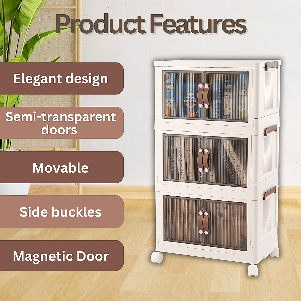 PROKTIK 30 QT 3 Tier Folding Storage Bins with Doors – Magnetic Door Foldable Storage Cabinet - Folding Storage Box with Leather Handles - Stackable and Collapsible Storage Container for Books, Pantry