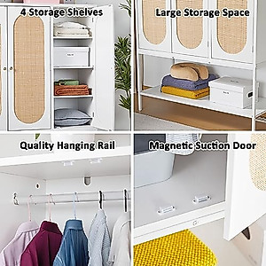 LEVNARY Large Armoire Wardrobe Closet with 3 Doors, Rattan Wardrobe Cabinet with Shelves and Hanging Rail for Clothes, Freestanding Wooden Closet for Bedroom, White (47.24" W x 18.89" D x 62.99" H)