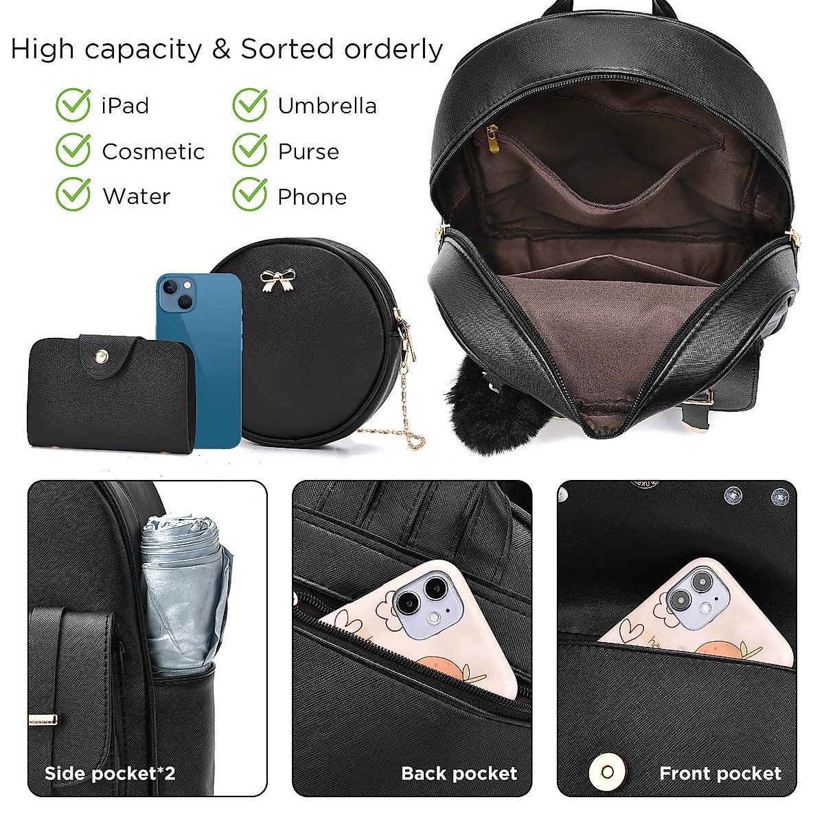 I IHAYNER Mini Leather Backpack Purse for Teen Girls 3-Pieces Fashion Backpack Cute Travel Daypacks Women Pompom Backpack Shoulder Bag Off-White