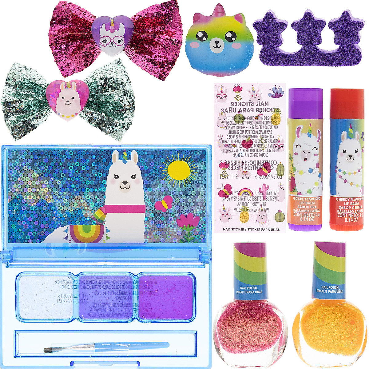 Townley Girl No Drama Llama Makeup Filled backpack Set with 10 Pcs, Including Lip Gloss, Lip Balm, Nail Polish, Nail Stickers, Hair Bows, Flip Up Mirror and More, Ages 3+