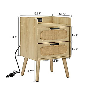 2 PC Nightstands with 2 Natural Rattan Decorated Drawers, Bedside End Table Side Table with 2 AC Outlets & 2 USB Ports, Solid Wood Legs & Particle Board Frame, Natural