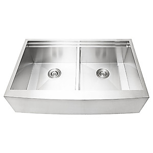 KABCO 33 Inch Double Bowl Undermount Apron Front Farmhouse Kitchen Sink, Sound and Heatproof 16 Gauge Rust Resistant Stainless Steel Farmhouse Sink with Sink Strainer, Garbage Basket and Sink Grids