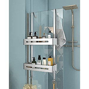 TZAMLI Hanging Shower Caddy Over The Door Shower Organizer, Aluminum Shower Shelf Bathroom Storage Rack with Hook and Basket (Silver-Silver, 2-Tier)