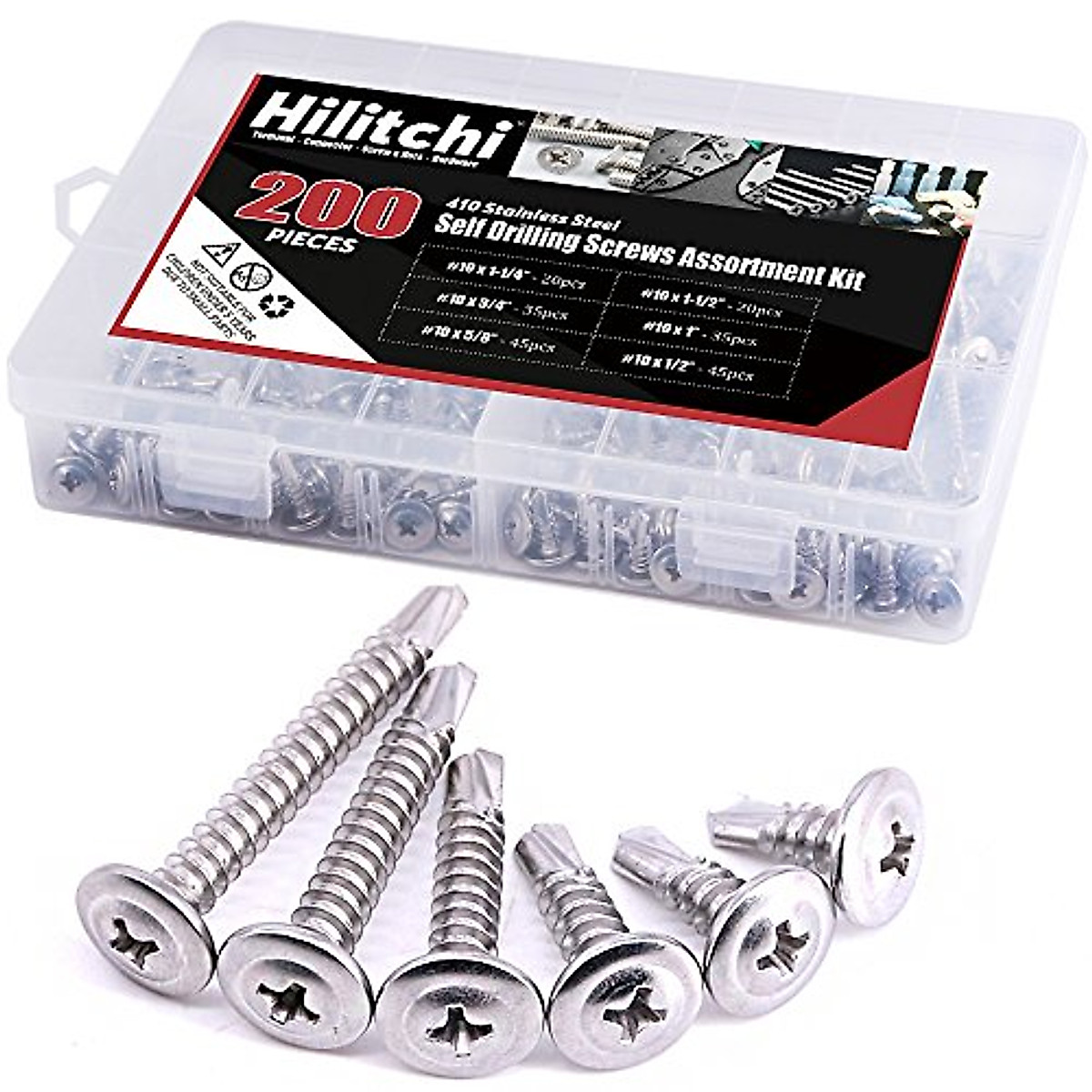 Hilitchi 410 Stainless Steel #10 Wafer Head Phillips Self Drilling Screws Sheet Metal Tek Screws Assortment Kit, Modified Truss Head Self Driller - Size: #10 x 1/2'' - 1-1/2'' - Pack of 200
