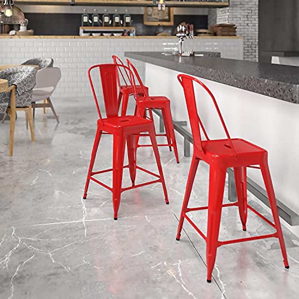 EMMA + OLIVER Commercial Grade 24" H Red Metal Indoor-Outdoor Counter Height Stool w/ Back