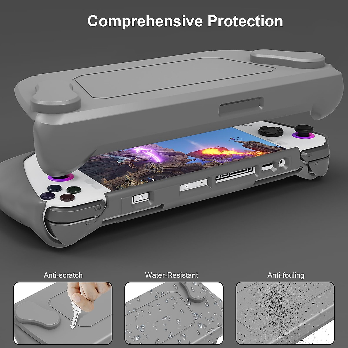 JDDWIN Full Case Compatible with ASUS Rog Ally 2023, Updated Version Protective Case Skin with Detachable Front Shell Cover and Kickstand for Rog Ally,Shockproof/Non-Slip/Anti-Collision (Grey)