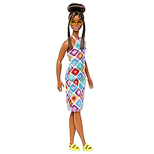 Barbie Fashionistas Doll #210 with Brown Hair in Bun, Wearing Colorful Crochet Halter Dress, Sunglasses and Sandals