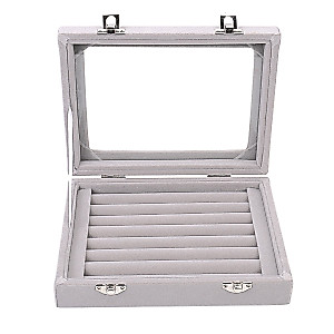 Ivosmart 7 Slots Velvet Glass Ring Jewelery Display Storage Box Tray Case Holder Earring Organizer Stand Grey