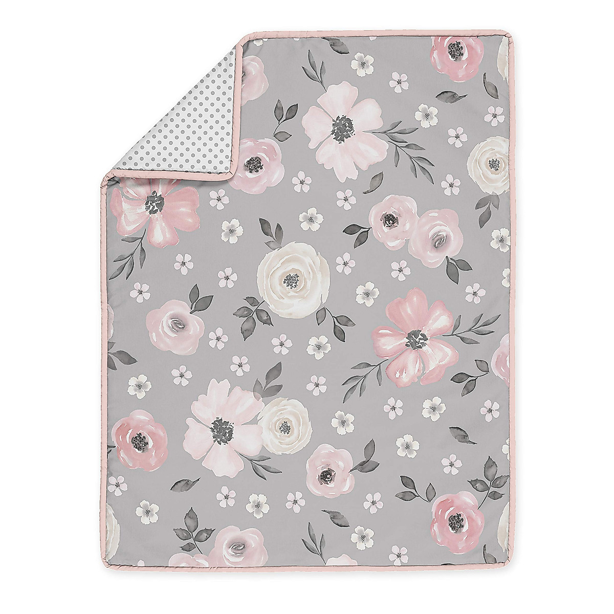 Sweet Jojo Designs Grey Watercolor Floral Baby Girl Nursery Crib Bedding Set - 4 Pieces - Blush Pink Gray and White Shabby Chic Rose Flower Polka Dot Farmhouse