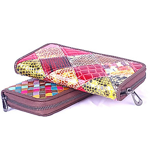 Segater® Women Multicolor Wallets Genuine Leather Colorful Splice Bag Card Holder Organizer Purses Zip Around Phone Clutch Large Long Purse