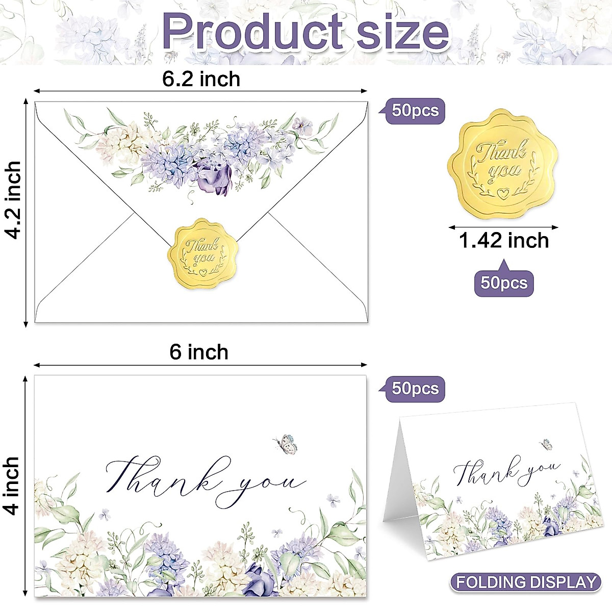 BYBOUS 50 Pack Floral Thank You Cards with Envelopes, Watercolor Butterfly Wildflower Greeting Blank Cards Set for Wedding Baby Shower Bridal Shower Birthday 4x6 Inch, bulk (White,Purple-50)