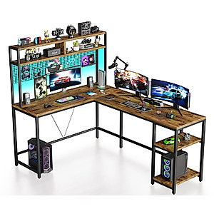 VEELOK L Shaped Desk with Hutch - 67" L Shaped Gaming Desk with LED Lights, Corner Computer Desk with Storage Shelves, L Shaped Office Desk with Pegboard, Rustic Brown