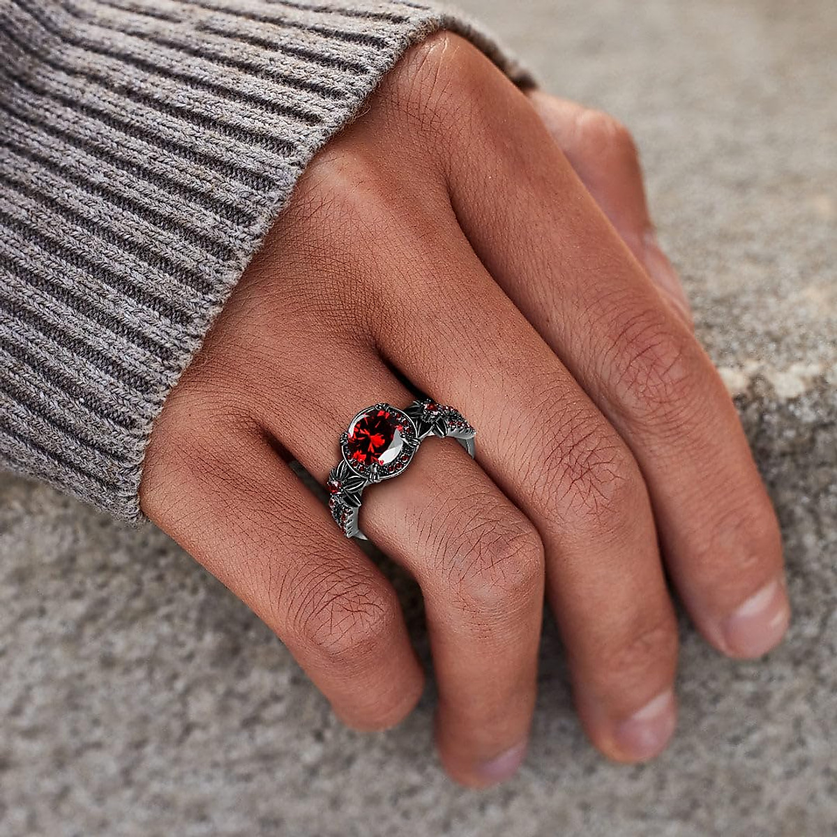 Tsnamer Gothic Black Rings for Women, Mystic Rainbow Topaz with Created Amethyst Flower Goth Black Gold Wedding Engagement Ring Size 6 to 11