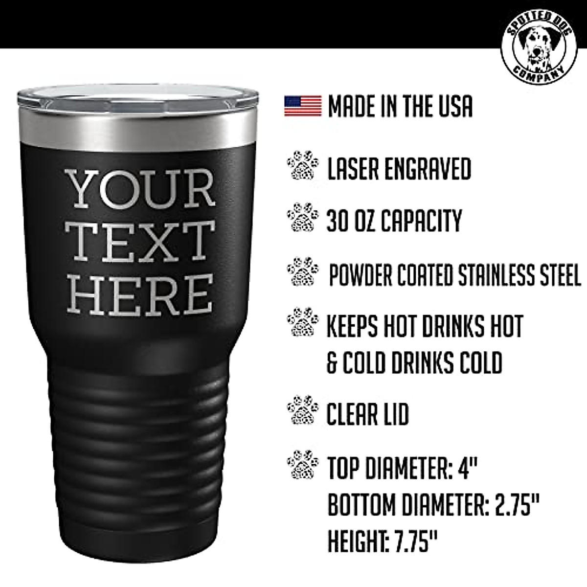 Personalized 30oz (17 Colors) Powder Coated Insulated Stainless Steel Tumbler with Lid, Custom Etched, Customized Text Message Name, Engraved Gift Idea Women Men Him Her, Your Text Here (Black)