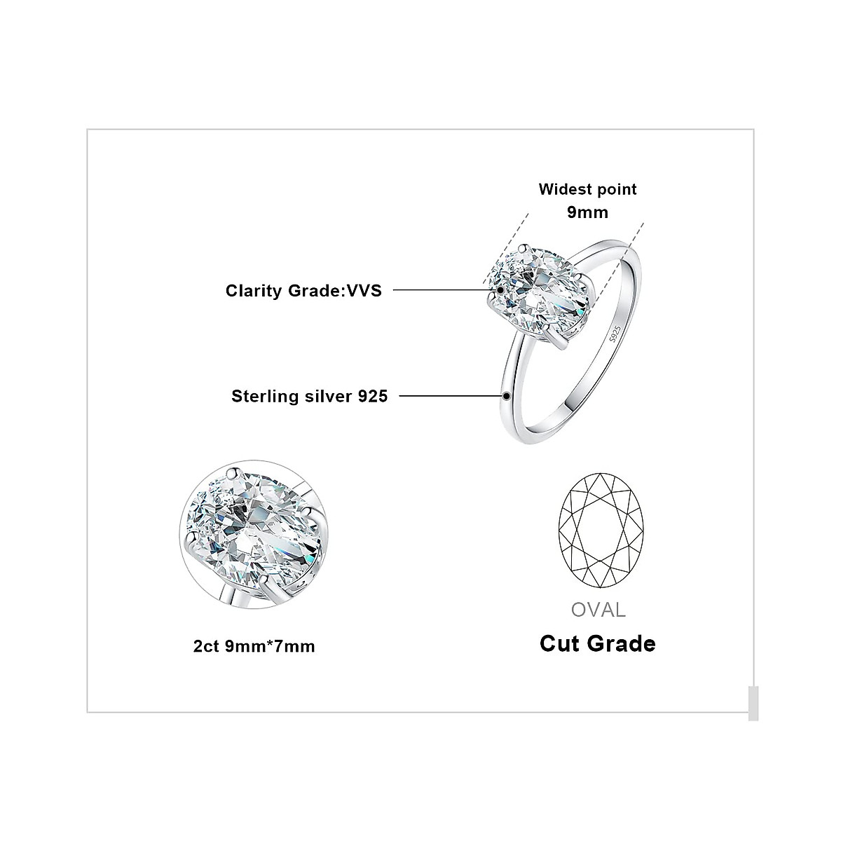 JewelryPalace Oval Cut 9 * 7mm 2ct Moissanite Solitaire Engagement Rings for Women, Classic 925 Sterling Silver Promise Ring for Her, Simulated Diamond Anniversary Wedding Ring VVS D-F 7