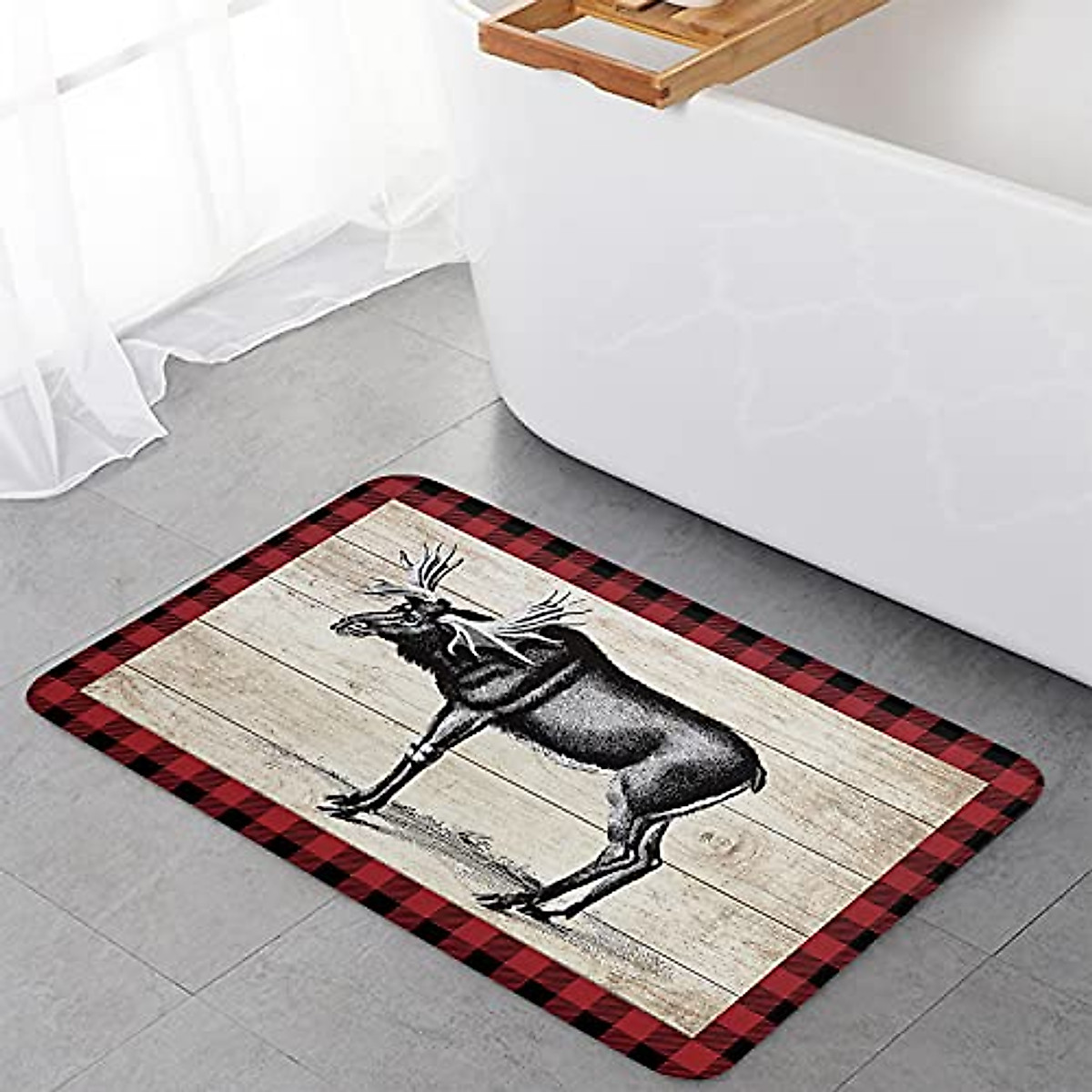 Christmas Bath Rugs Winter Christmas Reindeer Sponge Doormat Absorbent Non Slip Durable Flannel Mat Red Buffalo Plaid Retro Wood Grain Christmas Memory Foam Mats for Bathroom Kitchen 18 x 30 inches