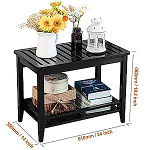 Zoopolyn Bamboo Shower Bench Stool with Storage Shelf Shower Bath Seat for Shaving Legs Waterproof in Bathroom & Inside Shower Black