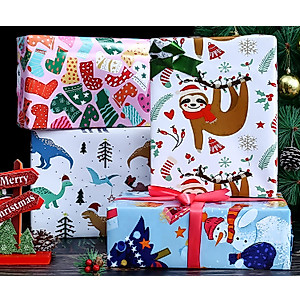 CAMKUZON Christmas Wrapping Paper for Kids Boys Girls Baby Women Men - 12 Sheets Xmas Gift Wrap 4 Cartoon Designs Dinosaur, Sloths, Snowmen, Socks - Folded Flat, 20 Inch X 29 Inch Per Sheet
