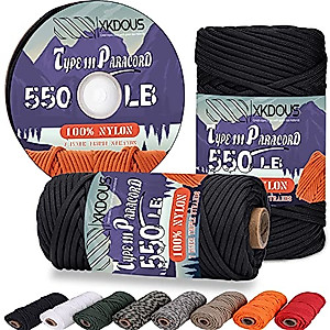 XKDOUS 550 Paracord 50ft Black Parachute Cord, 100% Nylon 7 Strand Inner Core Type III Tactical Paracord Rope, Outside Survival Gear for Bracelets, Lanyards, Handle Wraps, Camping & Hiking
