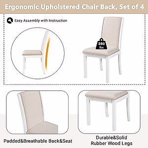 YuiHome Set of 4, Full Back Set with Upholstered, Farmhouse Dining Chairs with Solid Wood Frame and Legs,White+Cushion Beige