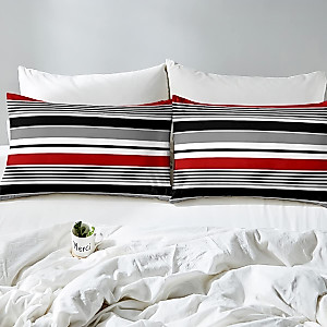 Modern Stripes Bedding Set Twin Size for Kids Boys Bedroom,Red Black Gray Bed Duvet Cover Set,Lines Art Comforter Cover Simplicity Decor 2 Pieces 1 Duvet Cover with 1 Pillowcase No Comforter