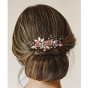 SWEETV Light Rose Gold Wedding Hair Comb Clip,Handmade Bridal Hair Accessories for Women Wedding