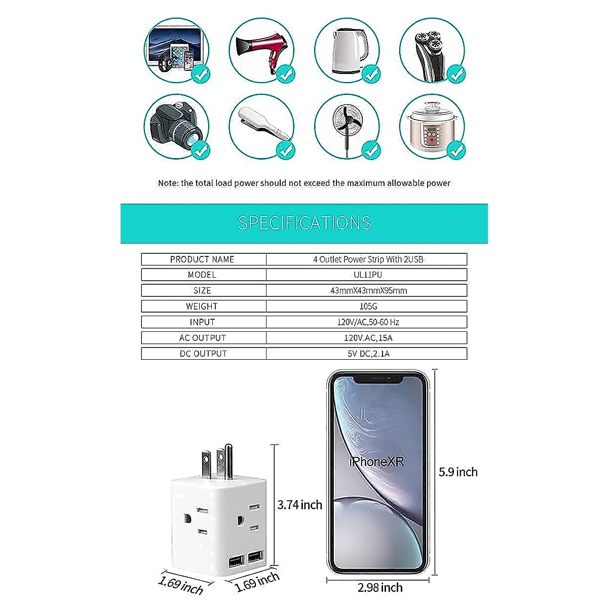 2 PCS Multi Plug Outlet Extender,Plug Adapter,Wonplug Multiple Plug Outlets with 4 AC Electrical Sockets,3 Prong to 2 Prong Adapter USA Portable Design for Home Office Hotel Travel,White
