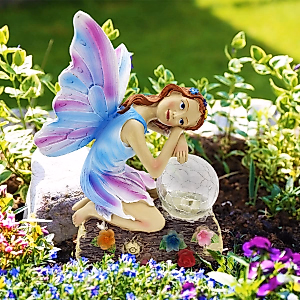 PERFECTOP Solar Angel Garden Statue Outdoor Decor, Resin Fairy Angel Elf Girl Figurine with Solar Lights, Garden Art for Patio Lawn Yard Porch Wedding Home Decoration, Valentine's Day Women Gifts