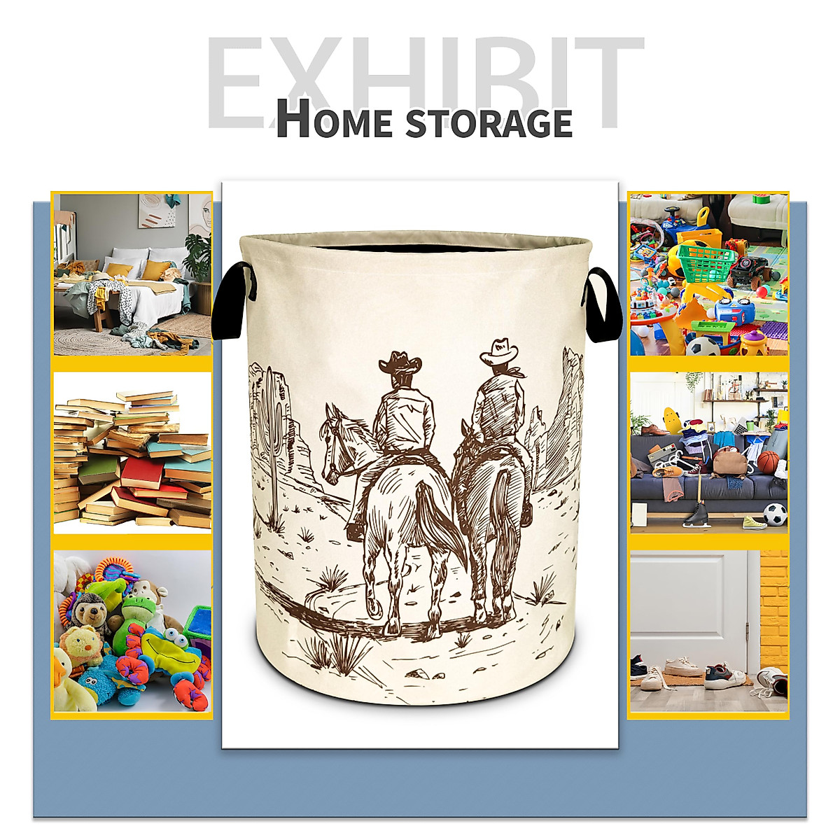 Western Cowboy Laundry Basket Desert Horse Foldable Waterproof Oxford Cloth Funny Tote Bag Laundry Hamper Clothes Storage Bucket Toy Organizer For Bathroom/Laundry Storage/Bedroom 18.9x16.5 Inch
