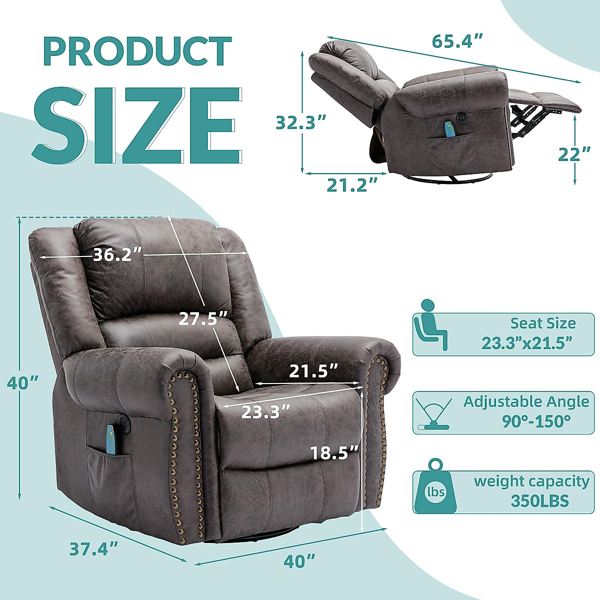 MEETWARM Massage Swivel Rocker Recliner with Heat and Vibration, Manual Glider Rocking Recliner Chair, 360°Swivel Lounge Reclining Chair with Remote Control/USB Ports for Living Room(Gray)