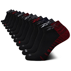 Reebok Men's Quarter Socks - 12 Pack Performance Cushion Comfort Socks - Breathable Athletic Ankle Socks for Men (6-12.5), Size 6-12.5, Red/Black