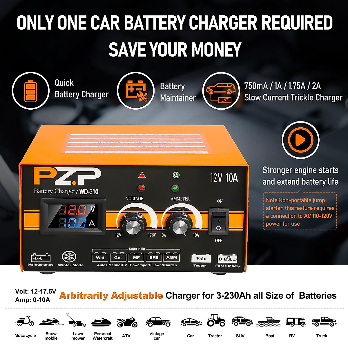 PZP 12V Manual Battery Charger Maintainer, 0 to 10A Arbitrarily Adjustable Car Battery Trickle Charger, Battery Desulfator with Repair, Winter Mode, Suitable for Lawn Mower, AGM, Deep Cycle Batteries