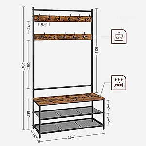 VASAGLE Hall Tree, Entryway Bench with Coat Rack, Hall Tree with Bench and Shoe Storage, 11 Hooks, Adjustable Shelves, Hallway Bedroom Dorm Apartment, Rustic Brown and Black UHSR410B01