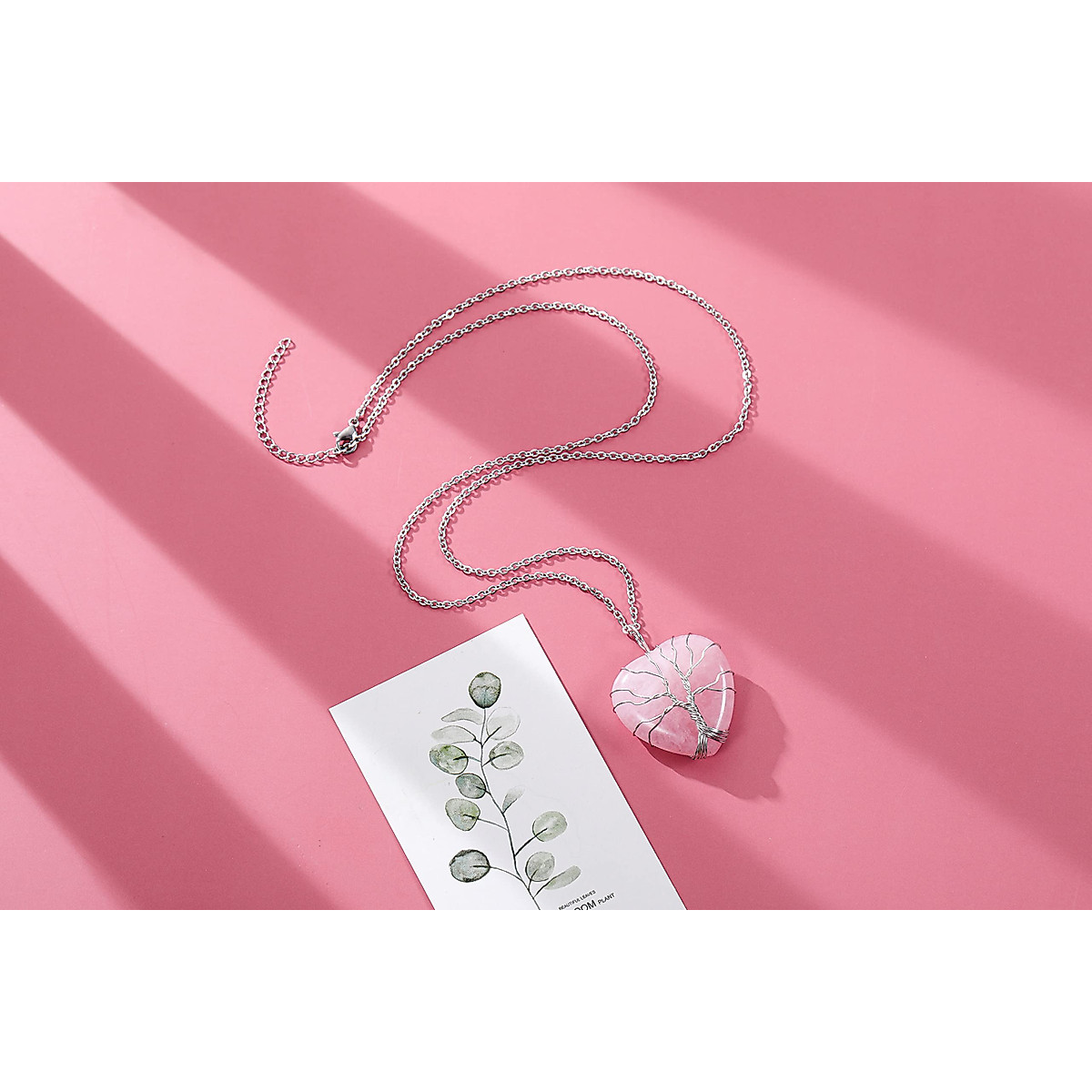 Top Plaza Natural Rose Quartz Healing Crystal Necklace Silver Life Tree Wire Wrapped Heart Shape Stone Pendant for Women Ladies Mothers Day Gifts